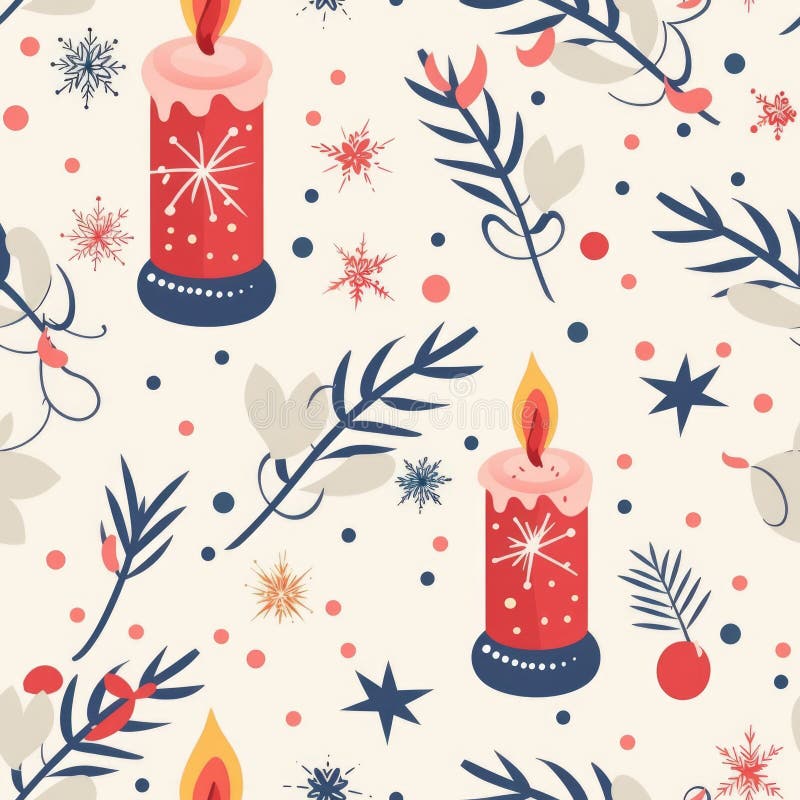 A Pattern Featuring a Lit Candle Surrounded by Leaves and Snowflakes ...