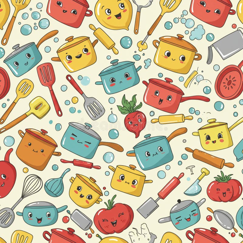 Pattern Featuring Playful Cartoon Kitchenware with Smiling Faces ...