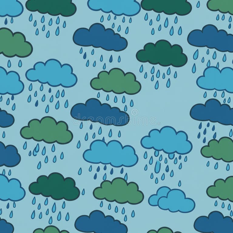 Pattern Featuring Stylized Rain Clouds in Shades of Blue and Green on a ...