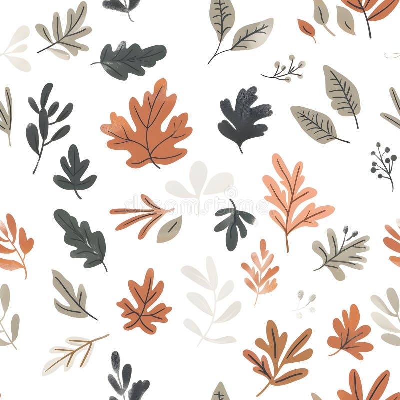 A Pattern Featuring Various Illustrated Leaves in Earthy Tones on a ...
