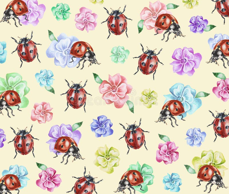 A Pattern of Flowers and Ladybugs. Watercolor. Idea for Textiles ...