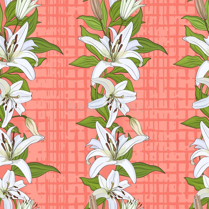 Pattern with Flowers of White Lily on a Pink-coral Background Stock ...