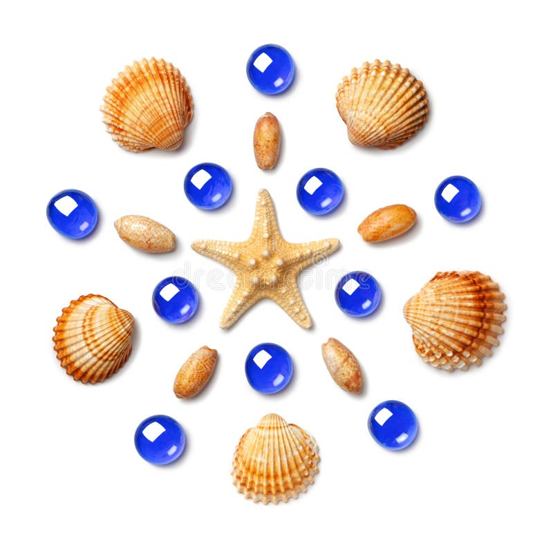 Pattern in the Form of a Circle Made of Shells, Starfish and Blue Glass ...
