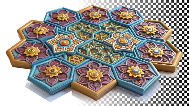 Hexagonal Tile Pattern with Ornate Blue Gold and Red Design Png ...
