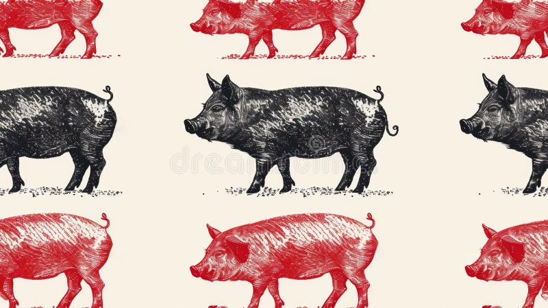 A Pattern of Four Different Pigs are Shown in Red and Black, AI Stock ...