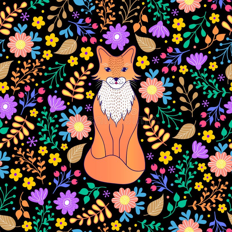 Pattern with Fox,flowers and Leaves Stock Vector - Illustration of ...
