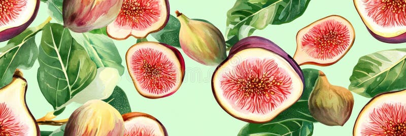 Pattern of Fresh Figs with Vibrant Pink Flesh and Leaves Stock Photo ...