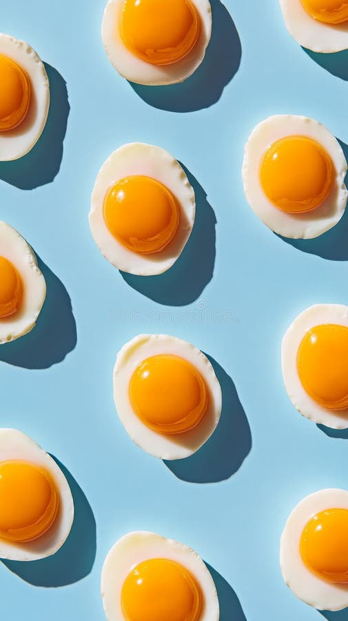 Pattern of Fried Eggs on a Light Blue Background, Artistic Food ...