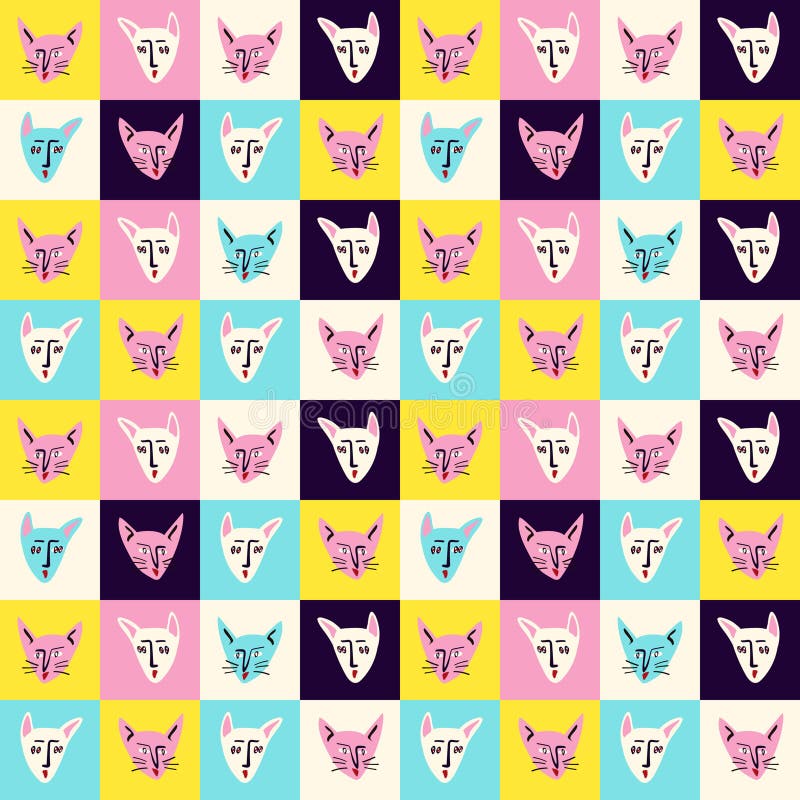 Pattern with Funky Cat with a Lovely Face. Stock Illustration ...