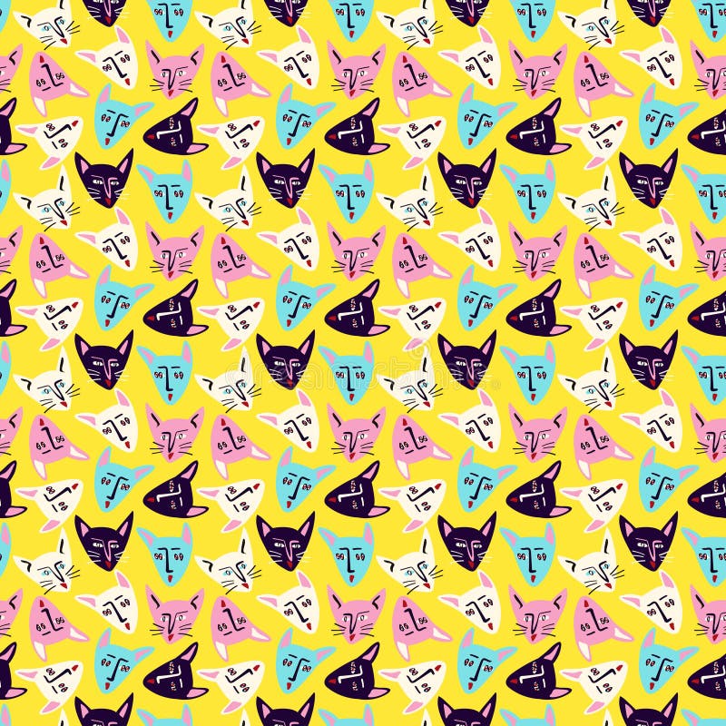 Pattern with Funky Cat with a Lovely Face. Stock Illustration ...