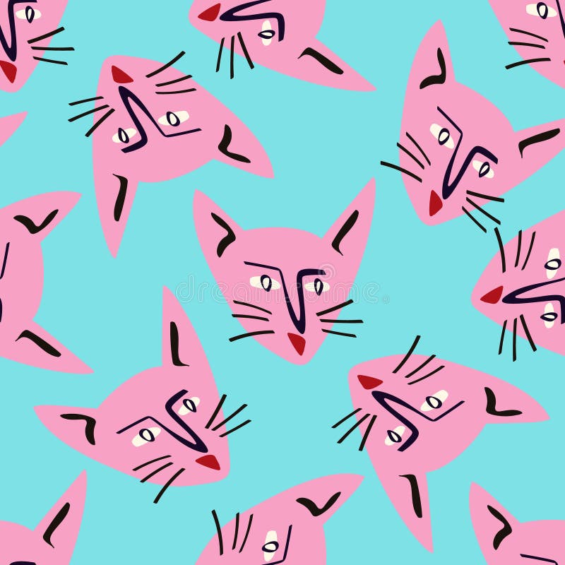 Pattern with Funky Cat with a Lovely Face. Freaky Comic Cat Face Stock ...