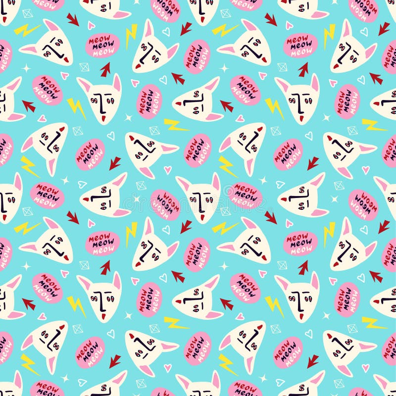 Pattern with Funky Cat with a Lovely Face. Freaky Comic Cat Face Stock ...