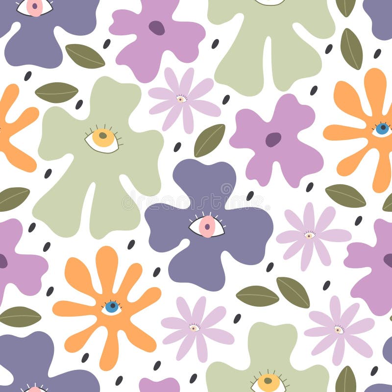 Groovy Springseamless Pattern with Cartoon Flowers. Retro Style, Vector ...