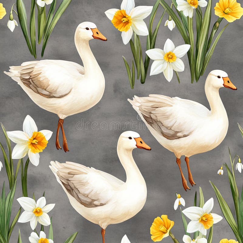 Pattern of Geese and Spring Flowers in a Seamless Watercolor Style ...