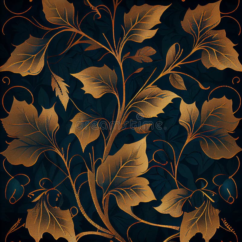 Pattern of Golden Vine Leaves on Dark Background Stock Illustration ...