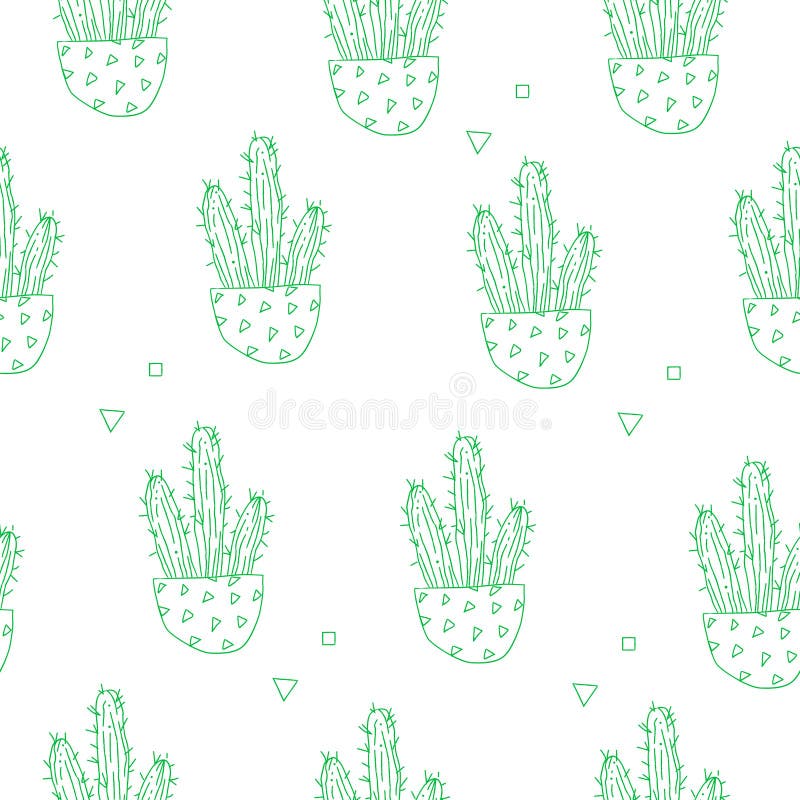 Pattern with Green Contour Cactus and Geometric Shapes. Ornament for ...