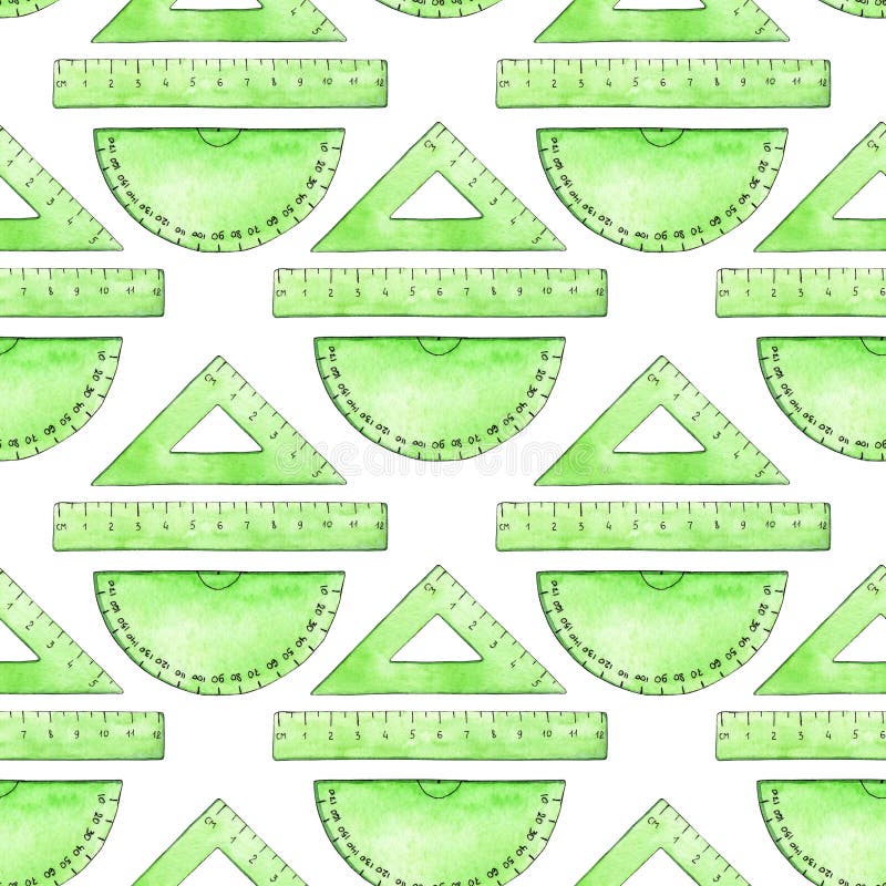 Pattern Green Ruler Protractor Triangle and Direct Watercolor Stock ...