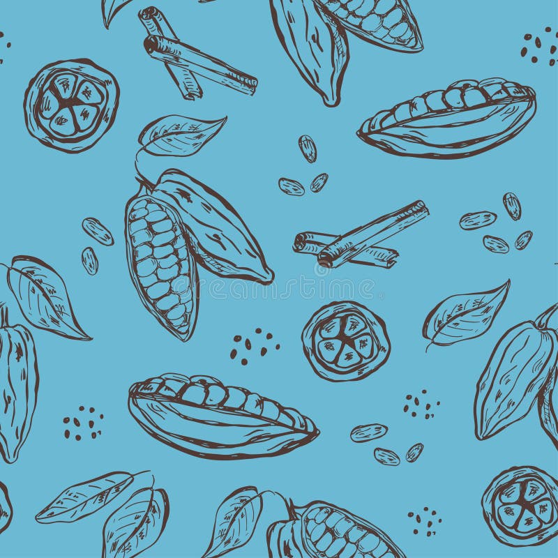 Pattern with Hand Drawn Elements. Cocoa Pods, Beans and Leaves on Blue ...