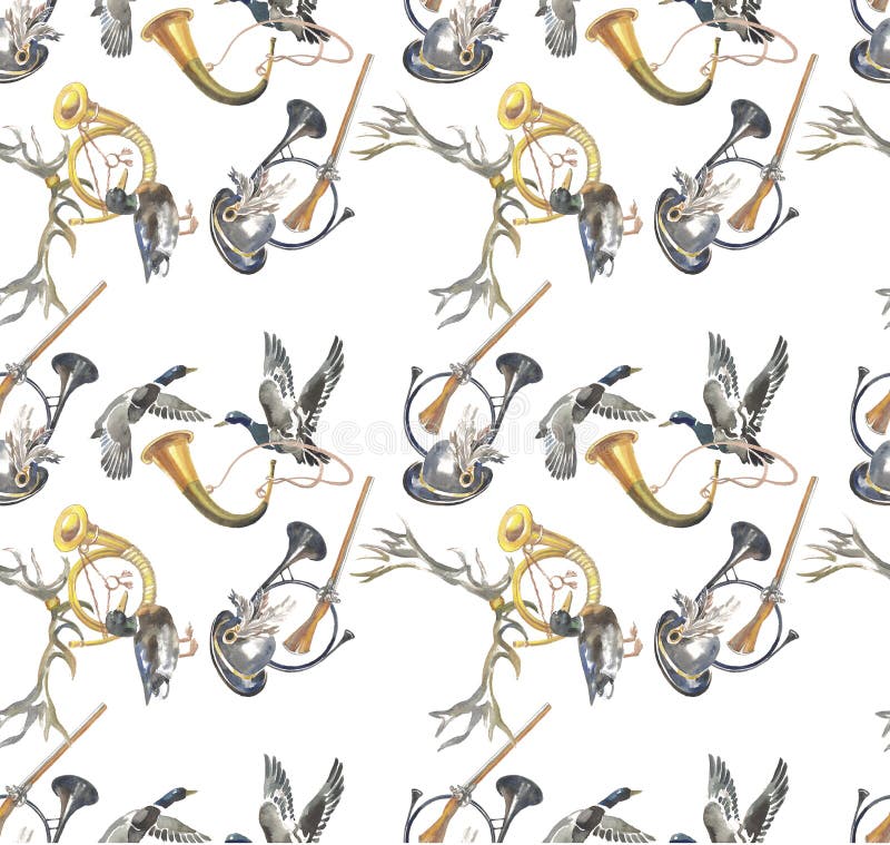 Pattern - Hand Painted Watercolor Pattern Wild Duck and Hunting Stock ...