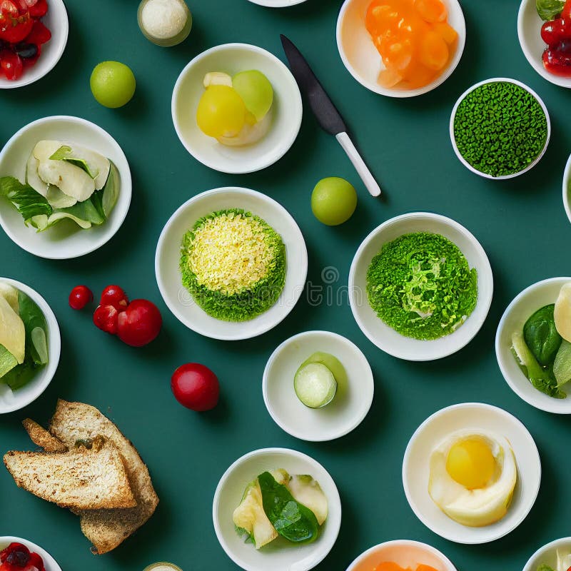 A Pattern of Healthy Food Dishes on a Dark Blue Background. Stock ...
