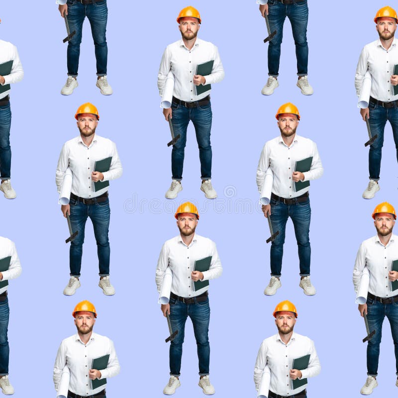 Pattern. High Angle View of Funny Bearded Man, Builder, Designer or ...