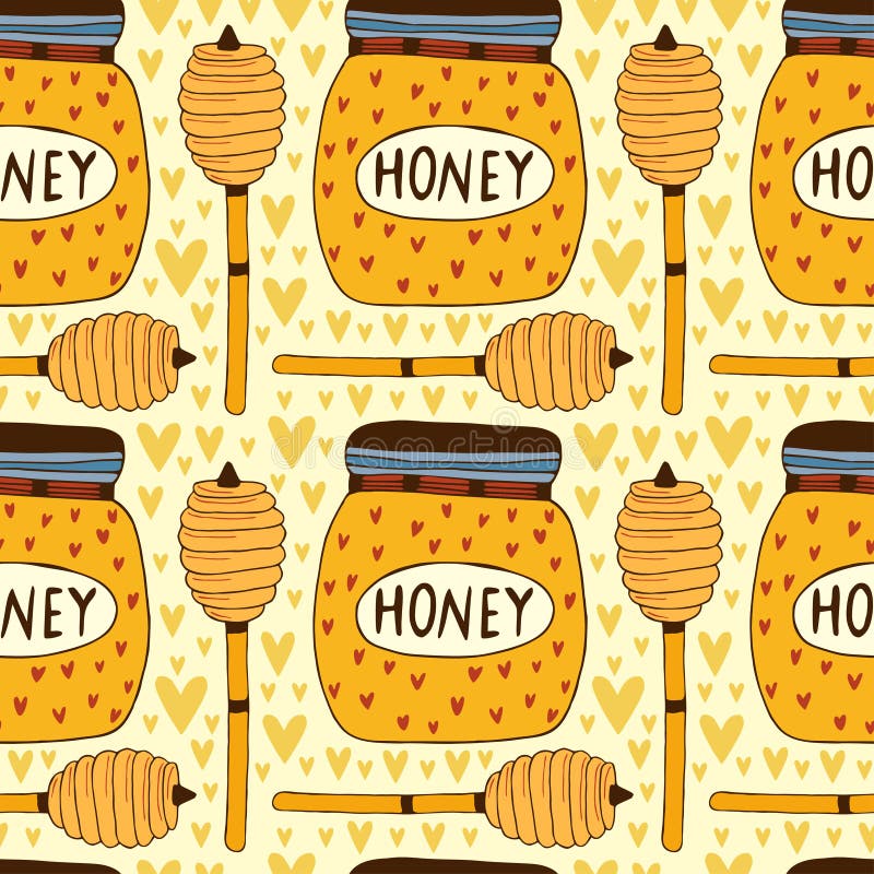 Pattern with Honey Jar and Dipper. Seamless Vector Background for ...