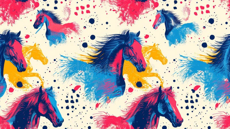 A Pattern of Horses with Colorful Splotches on a White Background, AI ...