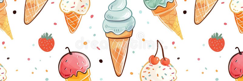 Pattern of White Vanilla Ice Cream Scoops on Beige Background Banner ...