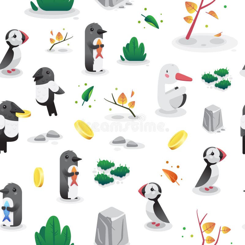 Pattern with the Image of Birds, Leaves and Stones on a White ...