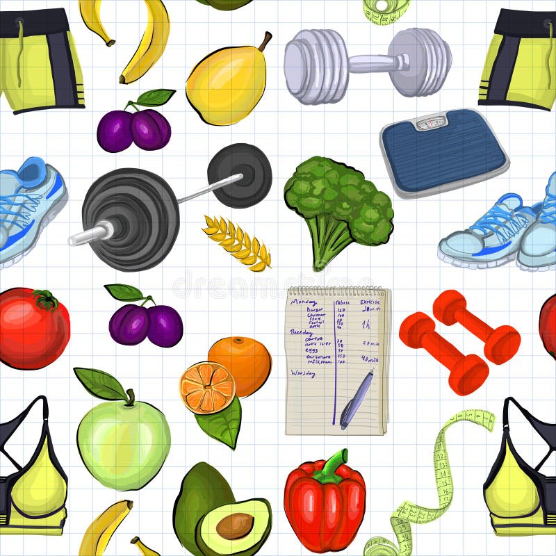 Pattern with Images about Healthy Lifestyle Stock Vector - Illustration ...