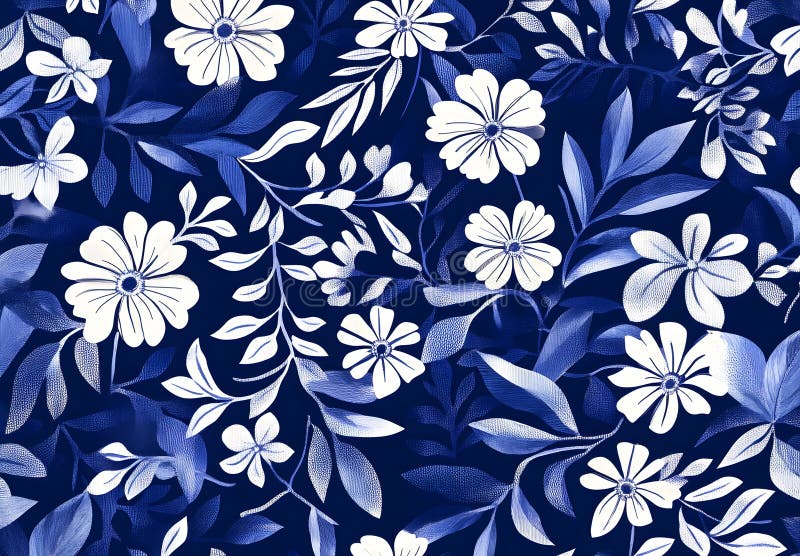 Indigo Blue Batik Fabric Pattern with White Flowers and Leaves Stock ...