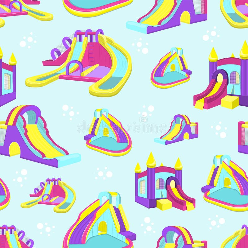 Pattern of Inflatable Slides Isolated on Blue Background. Vector ...