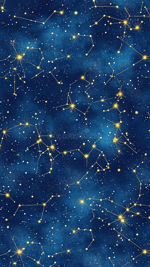 Pattern Of Interconnected Dots Forming Constellations On A Deep Blue Background Stock
