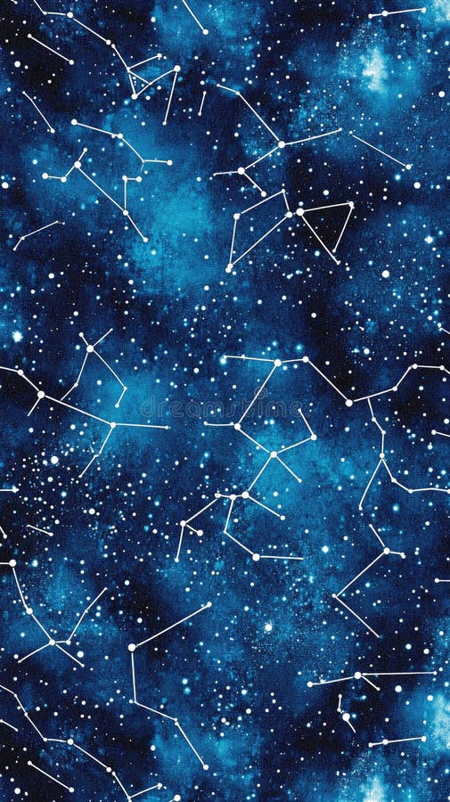 Pattern Of Interconnected Dots Forming Constellations On A Deep Blue Background Stock