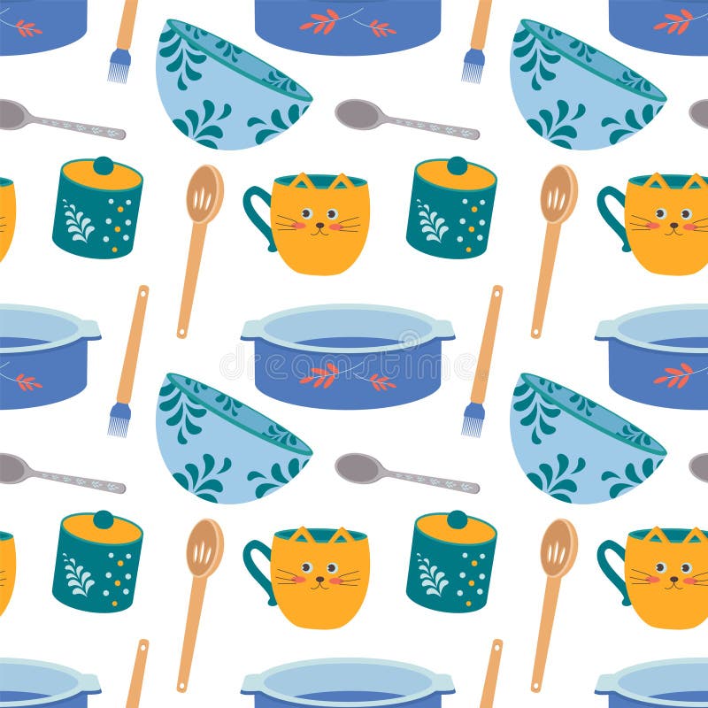 Pattern of Kitchen Utensils, Pan, Spoon, Mug, Sugar Bowl, Ladle, Plate ...