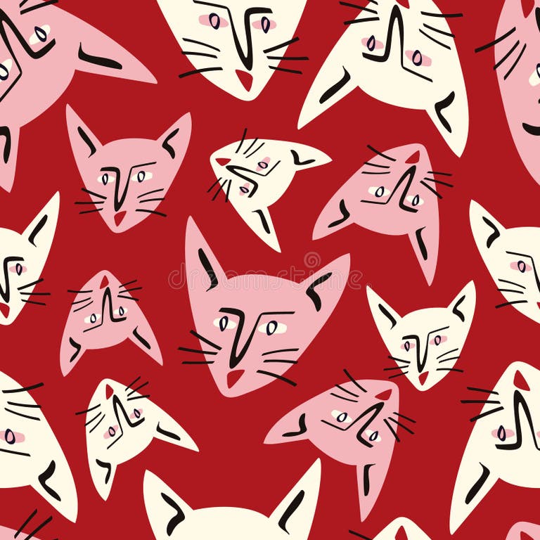 Pattern with Kitty with a Lovely Face. Freaky Comic Cat Face Stock ...