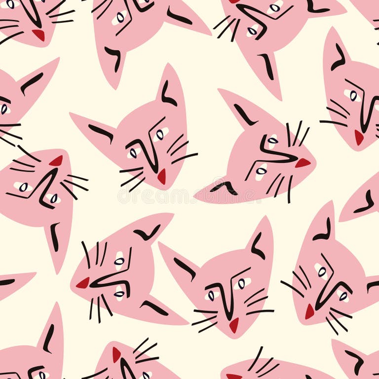 Pattern with Kitty with a Lovely Face. Freaky Comic Cat Face Stock ...
