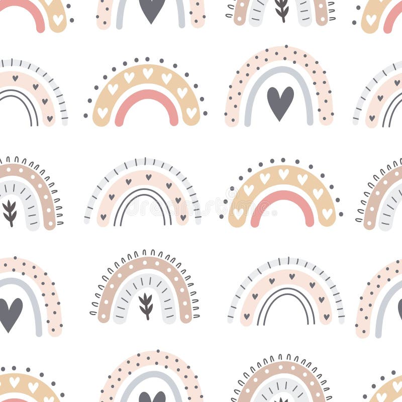 Seamless Pattern with Cartoon Rainbows, Decor Elements. Colorful Vector ...