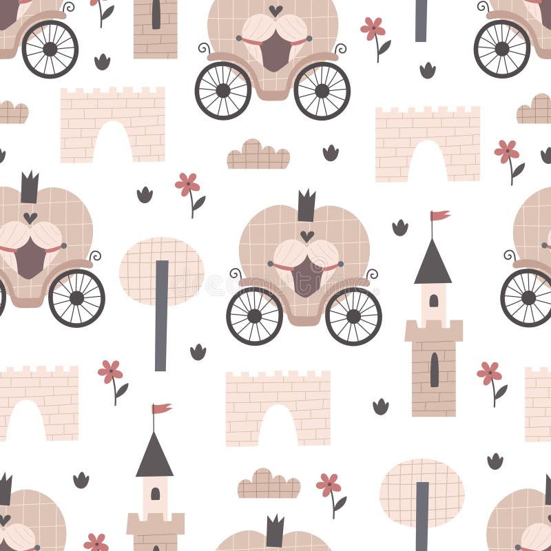 Seamless Pattern with Cartoon Coach, Castle, Decorative Elements. Flat ...