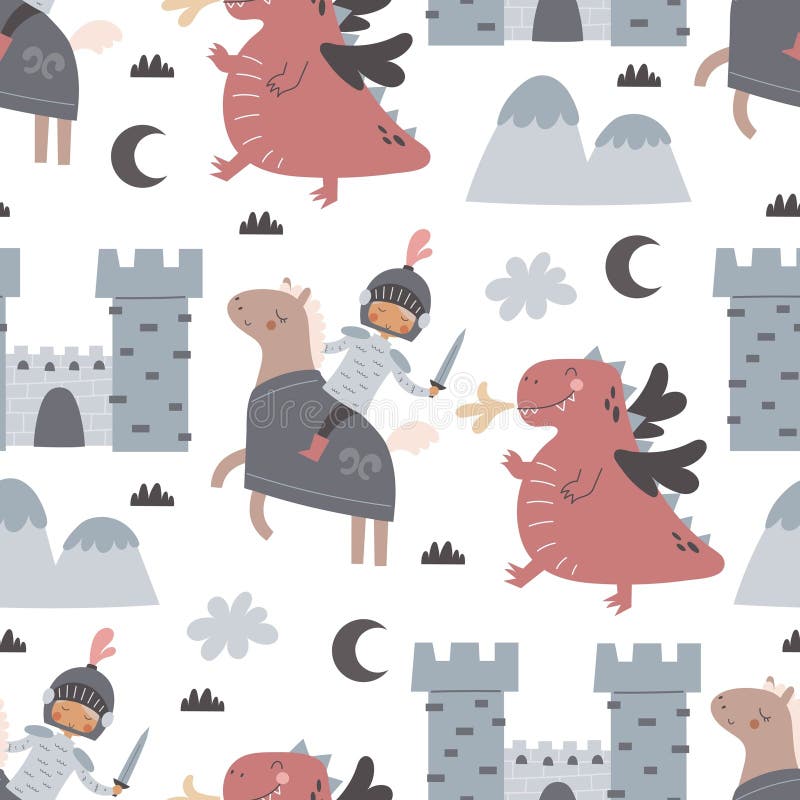 Seamless Pattern with Cartoon Knights, Decorative Elements. Flat Style ...