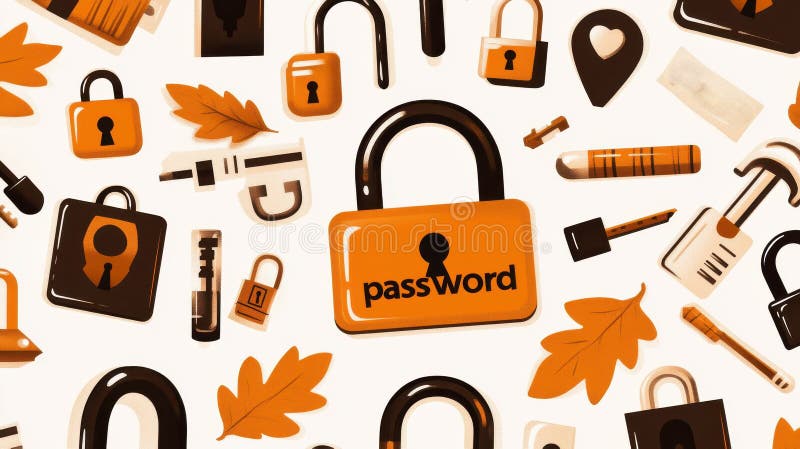 A Pattern of Locks Keys and Leaves on a White Background with a Large ...