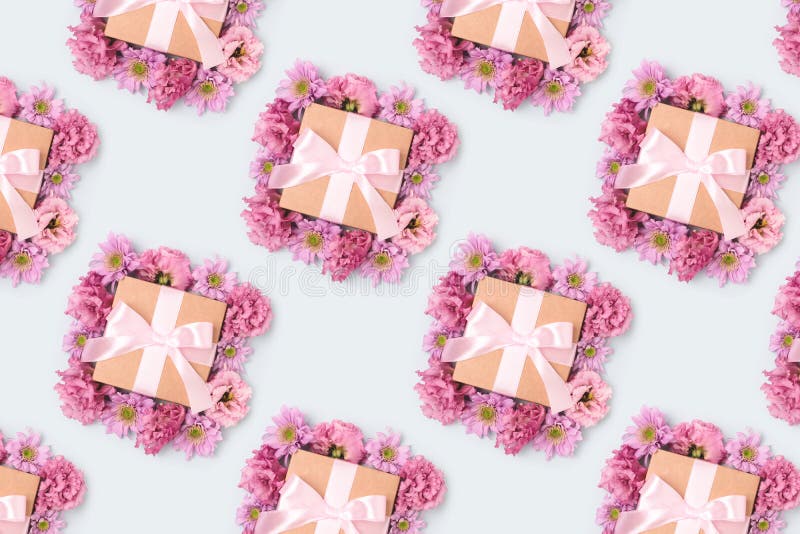 Pattern Made of Gift Boxes. Floral Festive Concept. Stock Photo - Image ...