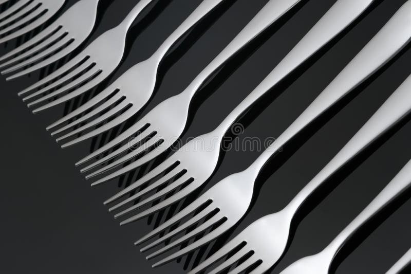 Pattern with Many Silver Forks on Black Mirror Background. Concept ...