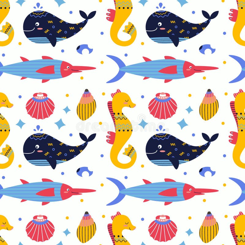 Pattern on a Marine Theme with Fish, Shell, Rocks, Seahorse, Whale, Swordfish, Ornament Stock ...