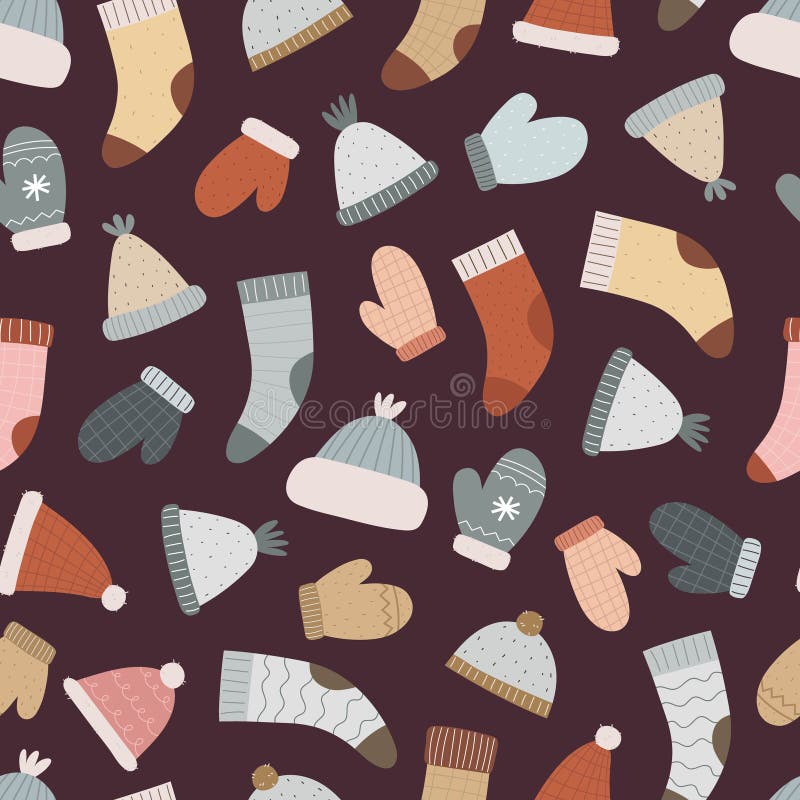 Holiday Seamless Pattern with Cartoon Socks, Hat, Mitten. Colorful ...