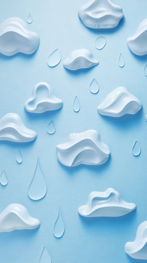Pattern of Minimalist Clouds and Raindrops on a Soft Blue Background ...