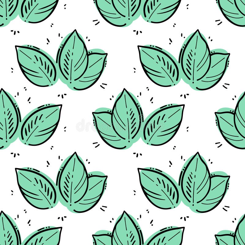 Pattern Mint Leaves Stylized Doodle, Contour Drawing on Background of ...