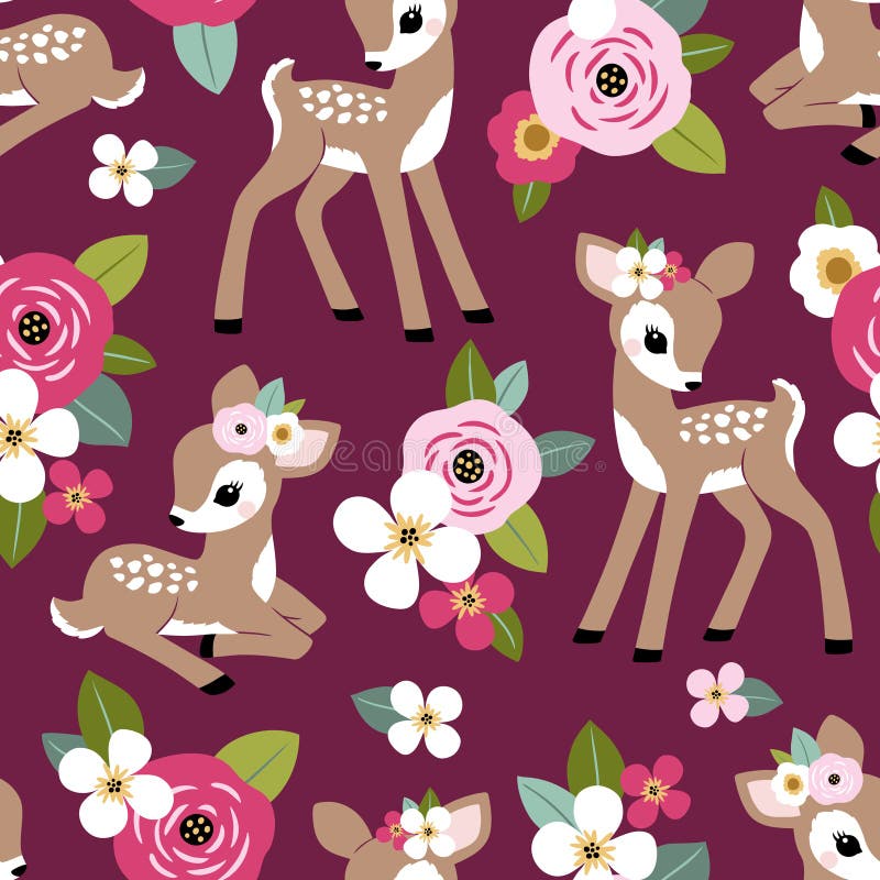 Cute Vintage Fawn on Floral Background. Stock Vector - Illustration of ...