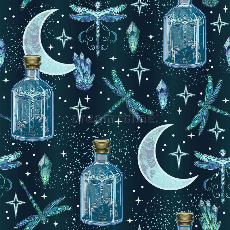 Pattern with Moon, Bottle with Potion, Dragonfly Stock Vector ...