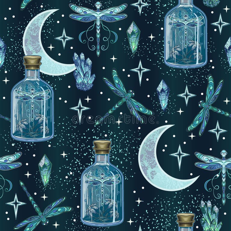 Pattern with Moon, Bottle with Potion, Dragonfly Stock Vector ...